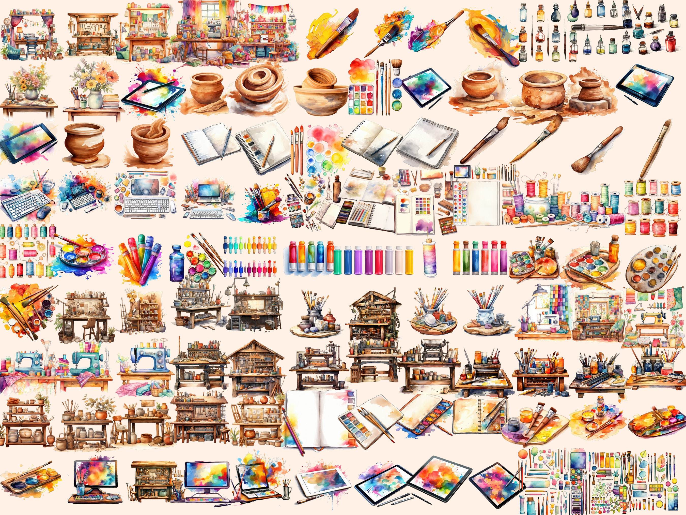 Watercolor Art Supplies Clipart Bundle: 337 PNG Graphics (digital ...