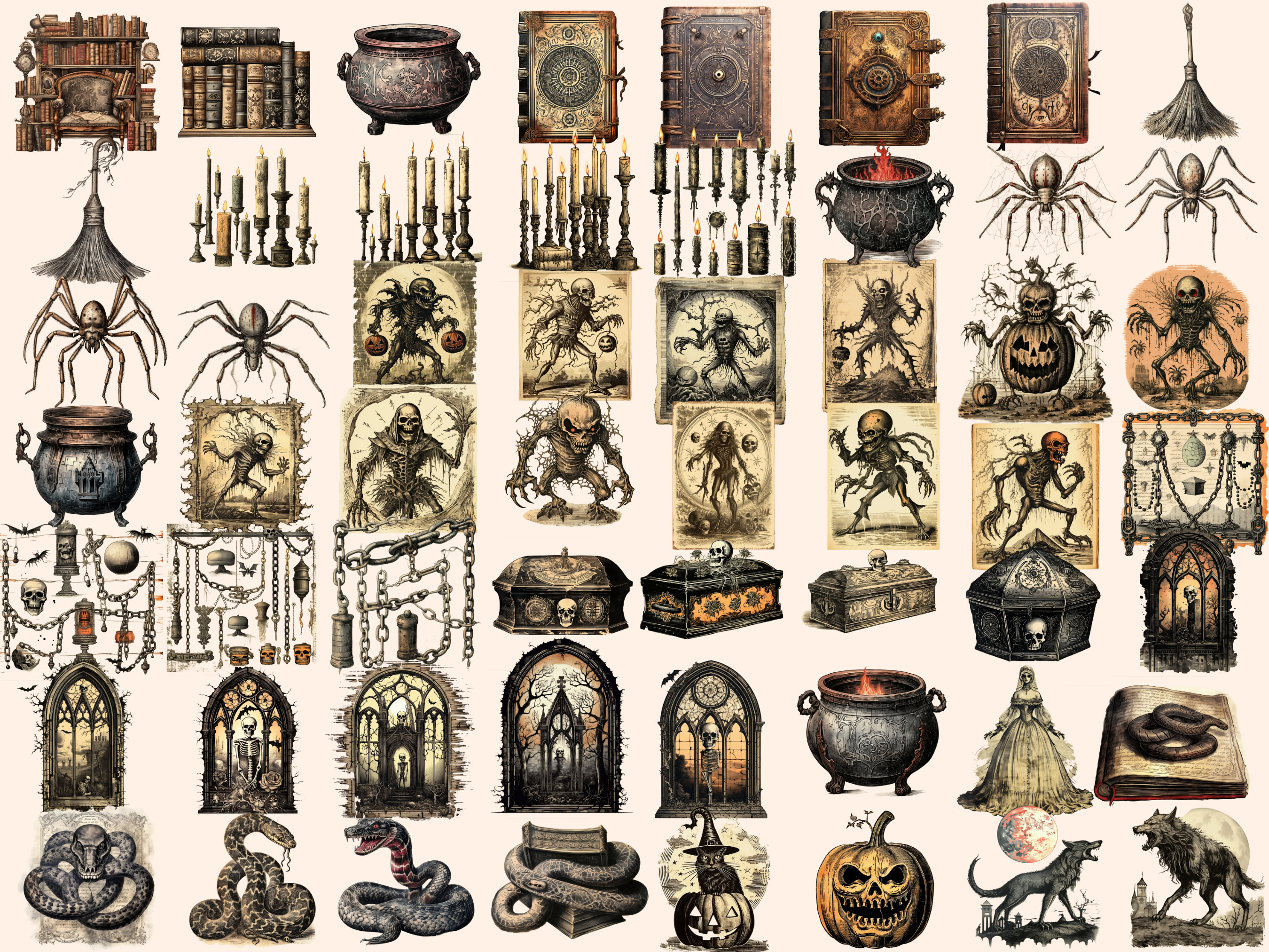 Vintage Halloween Clipart Bundle: 386 Retro PNG Images (digital ...