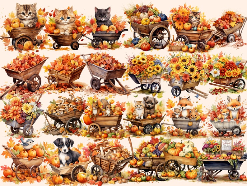 Fall Wheelbarrows Watercolor Clipart: Autumn Harvest Graphics (digital ...