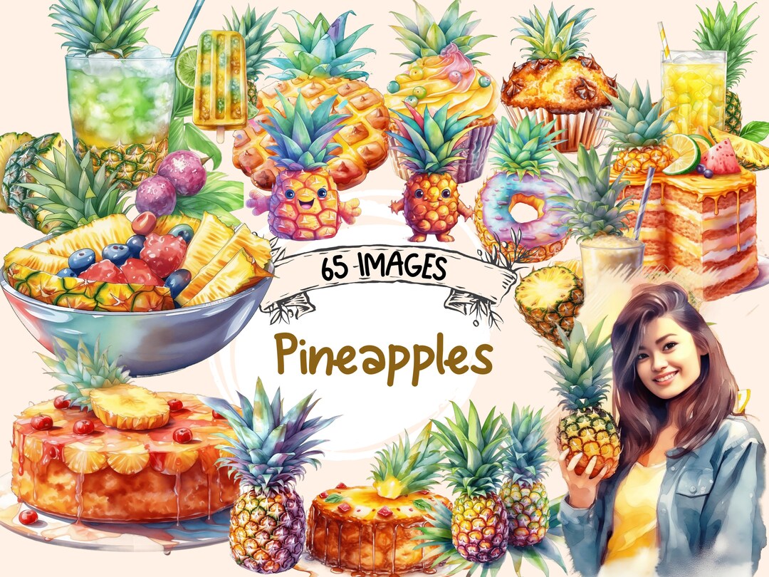 Watercolor Pineapple Clipart Bundle: 65 PNG Summer Fruit Images ...