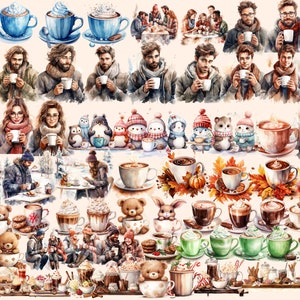 Hot Chocolate Watercolor Clipart Bundle - 384 PNG Hot Cocoa Images ...