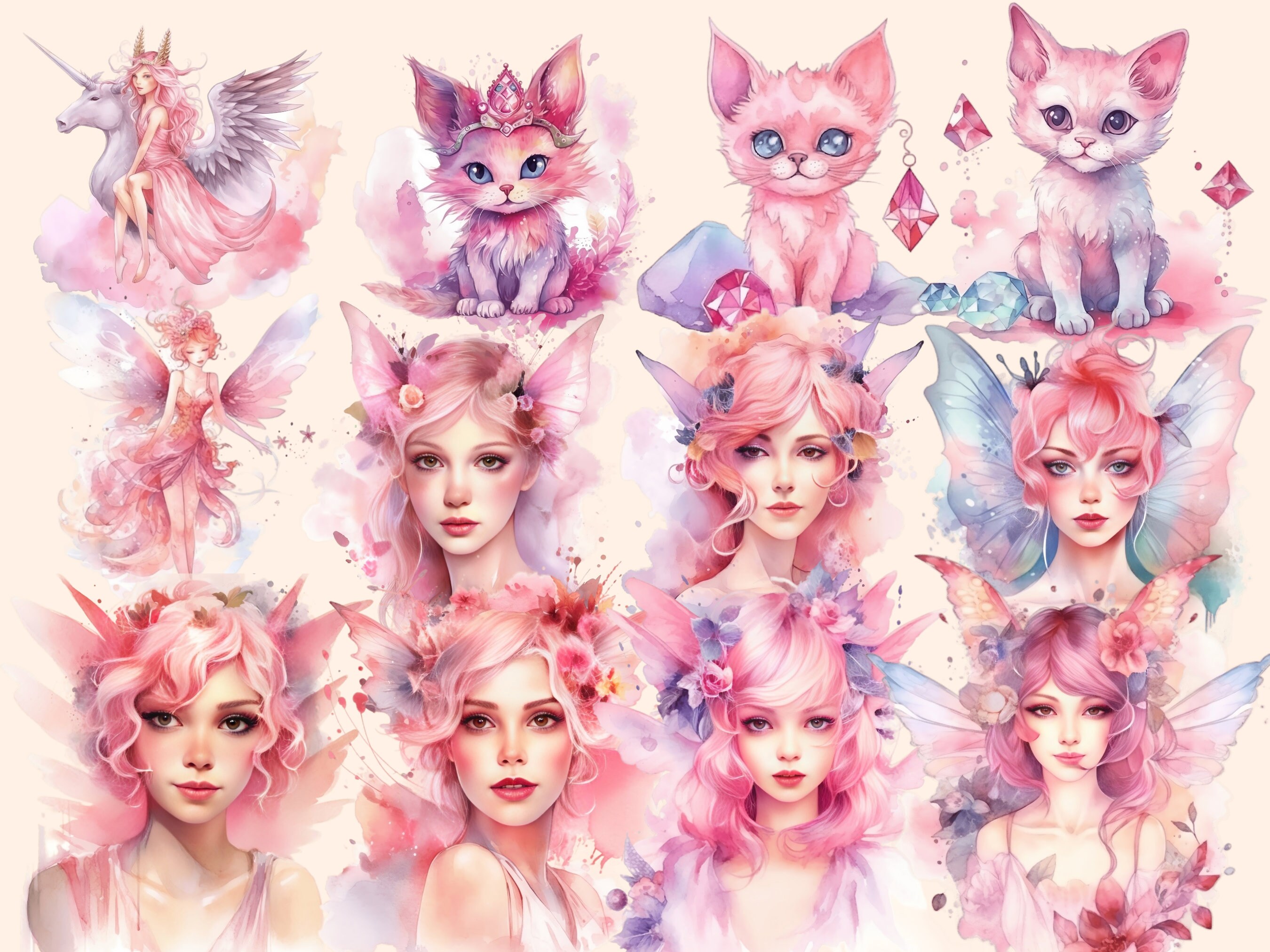 Pink Fairies Watercolor Clipart 70 Magical Enchanting Fairy - Etsy