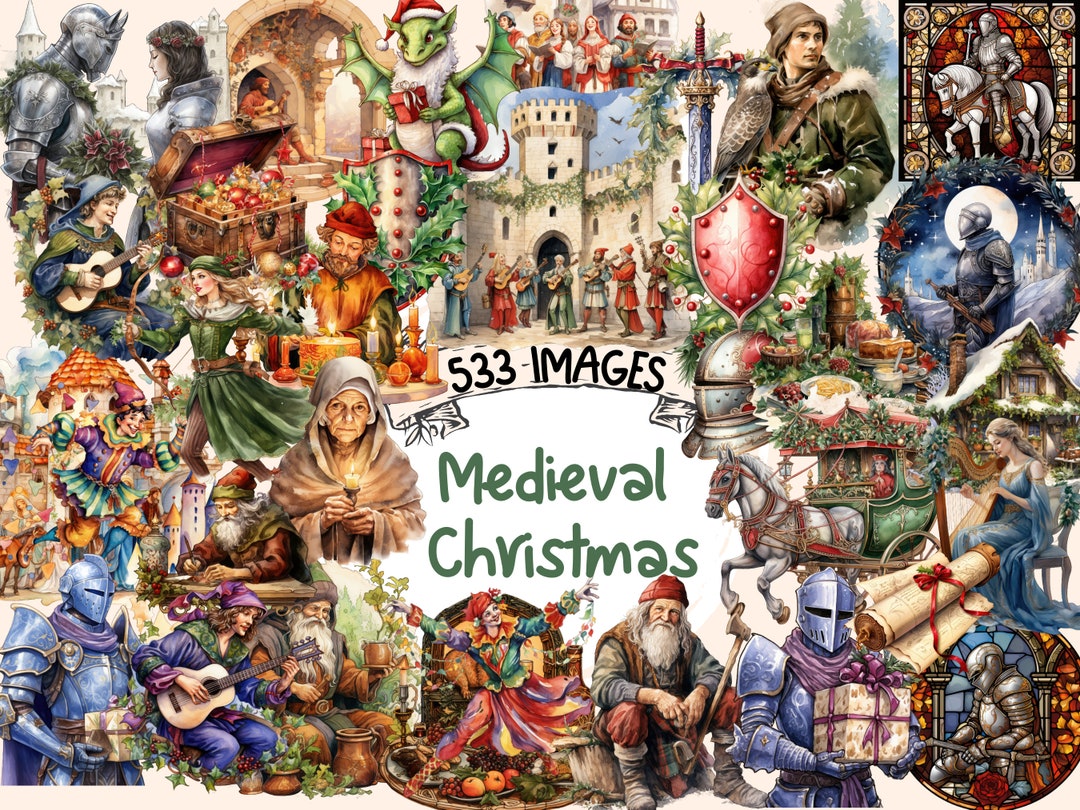 Medieval Christmas Watercolor Clipart Bundle 533 PNG Vintage Holiday ...
