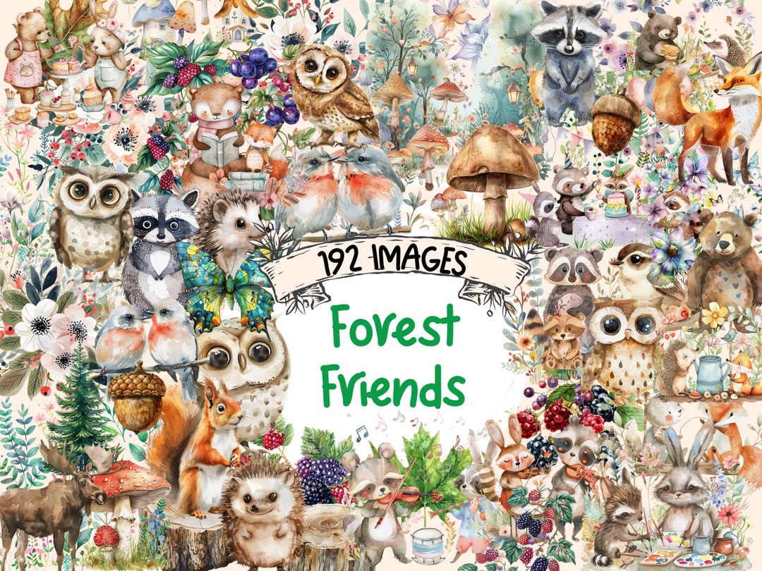Forest Friends Watercolor Clipart Bundle - 192 PNG Cute Animal Images ...