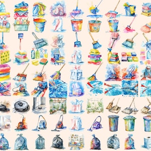 Watercolor Cleaning Clipart Bundle: 687 PNG Graphics (digital Download ...