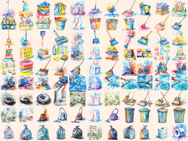 Watercolor Cleaning Clipart Bundle: 687 PNG Graphics (digital Download ...