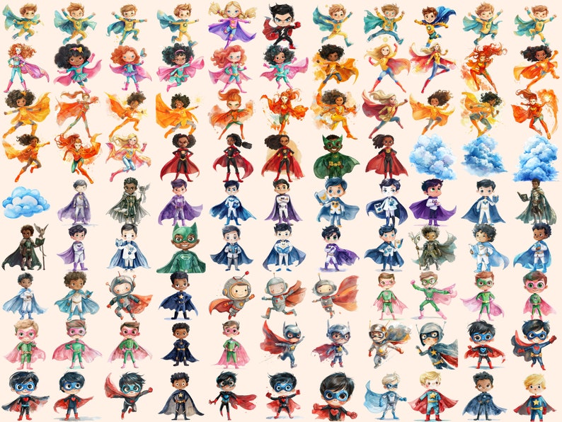 Watercolor Superhero Kids Clipart Bundle: 324 PNG Images (digital ...