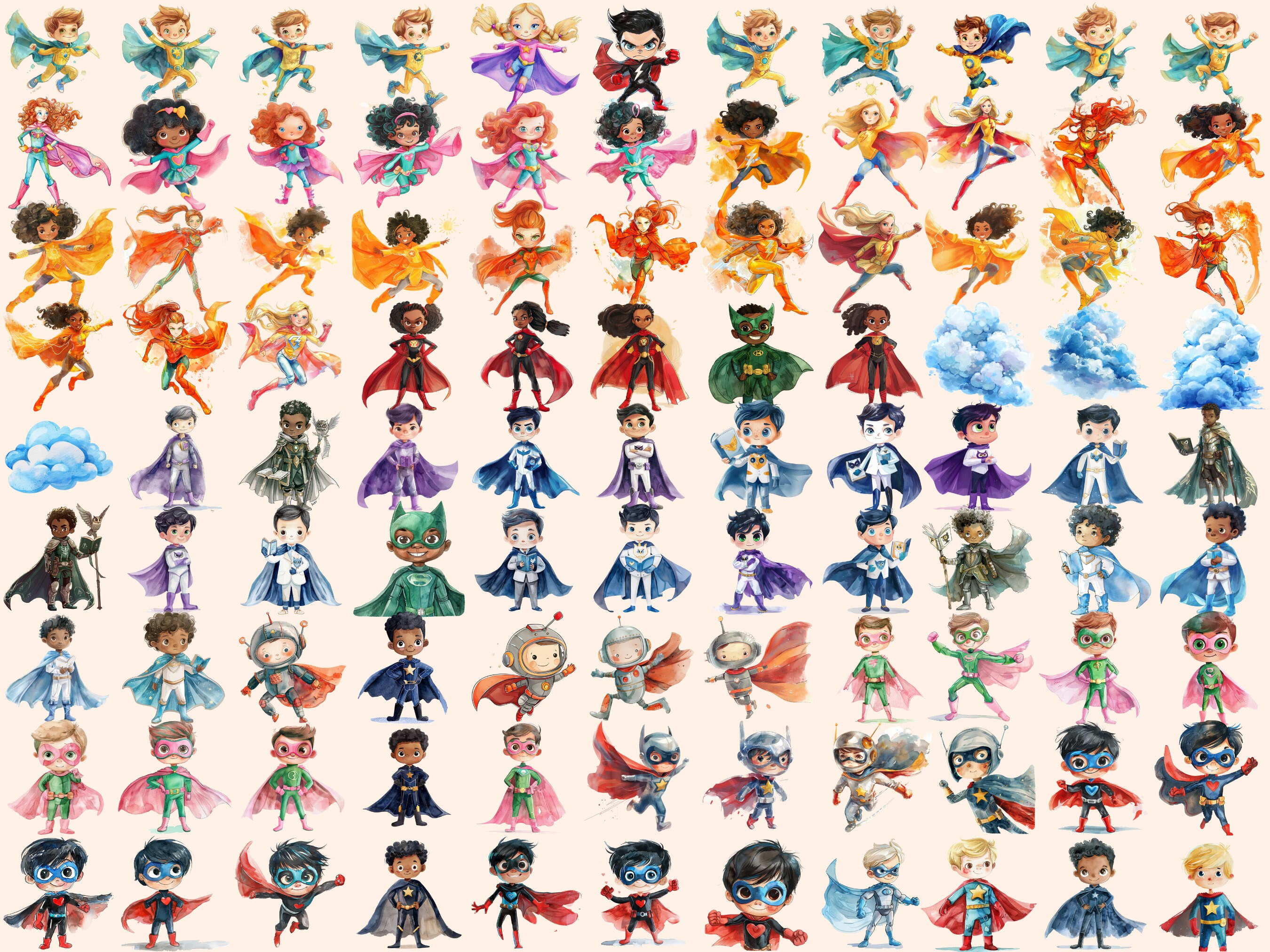 Watercolor Superhero Kids Clipart Bundle: 324 PNG Images (digital ...