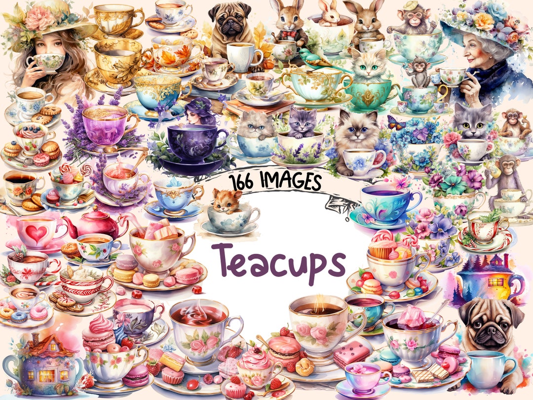 Teacups Watercolor Clipart Bundle - 166 PNG Fantasy Cute Teacup Images ...