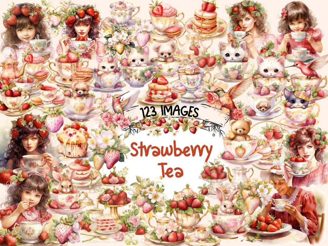 Strawberry Tea Watercolor Clipart Bundle - 123 PNG Cute Teacup Images ...