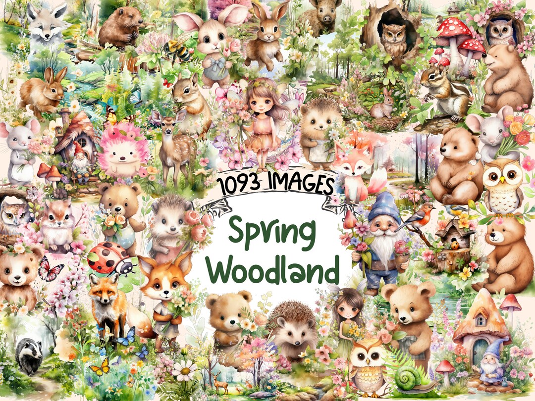 Spring Woodland Watercolor Clipart Bundle: 1093 PNG Images (digital ...