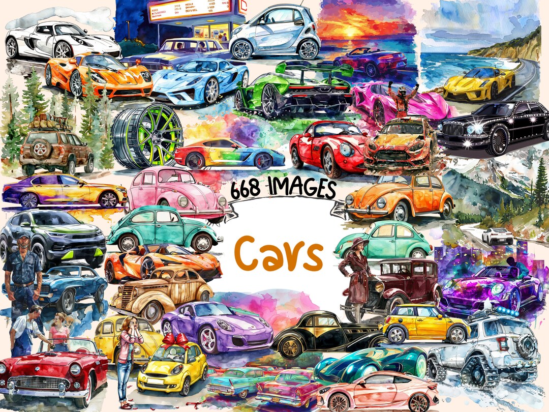 Watercolor Cars Clipart Bundle: 668 PNG Vehicle Graphics (digital ...