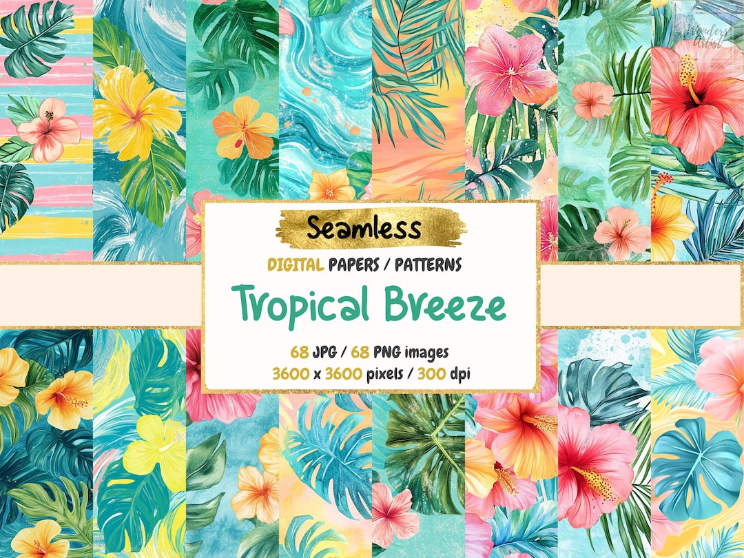 Tropical Digital Paper: Island Foliage, Watercolor Textures (seamless ...