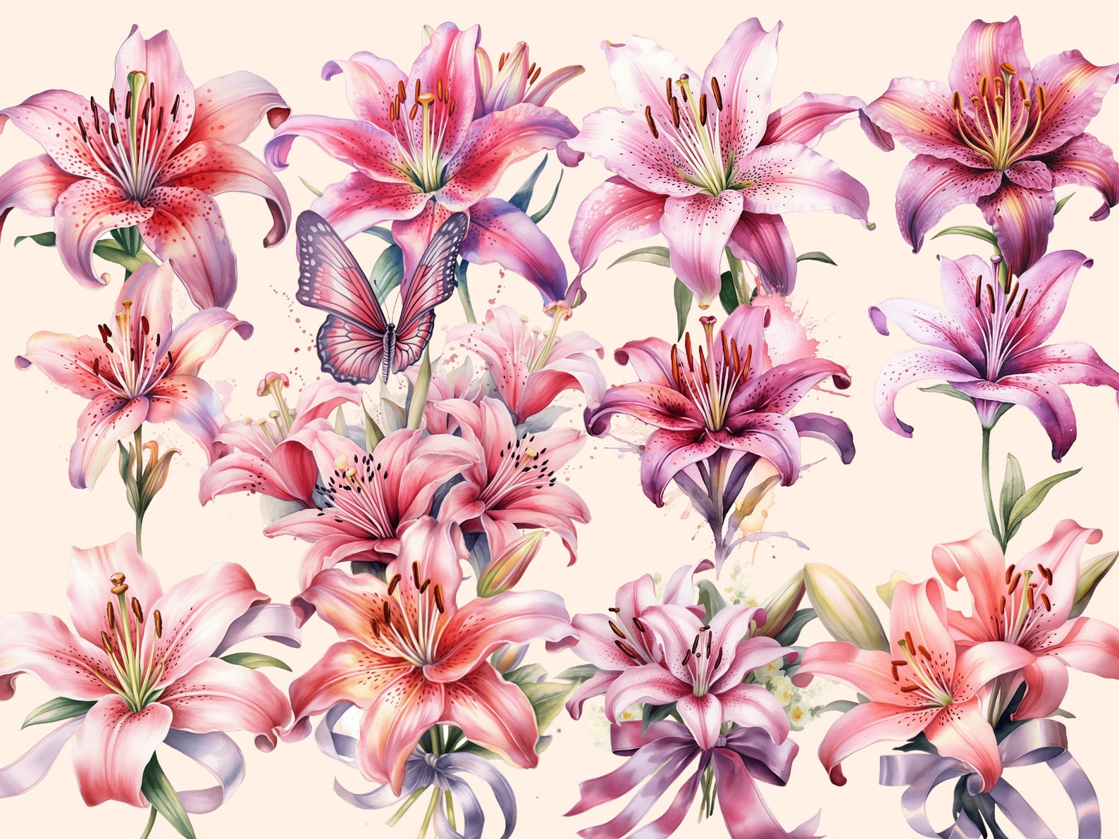 Pink Lilies Watercolor Clipart Bundle: 101 Floral PNG Images (digital ...