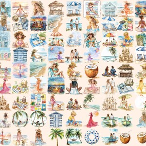 Beach Day Watercolor Clipart Bundle: 213 Summer Seaside PNG Graphics ...