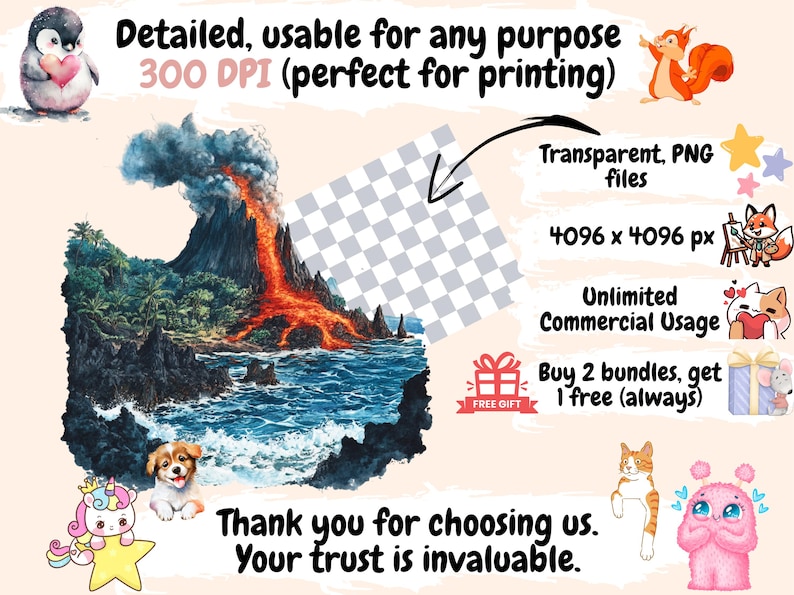 Volcanoes Watercolor Clipart Bundle: Eruption PNG Images (commercial ...