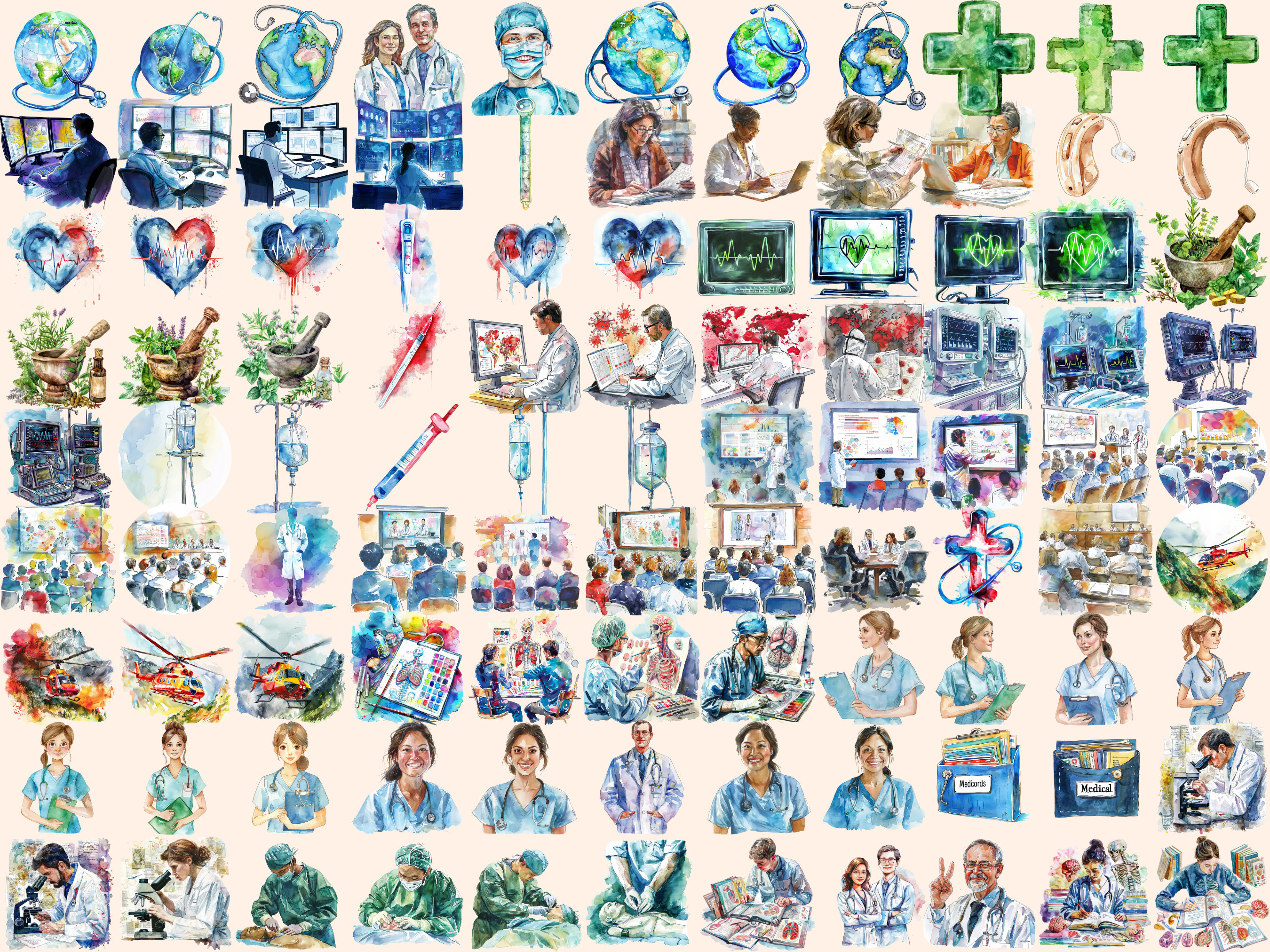 Watercolor Medical Clipart Bundle: 528 PNG Healthcare Graphics (digital ...