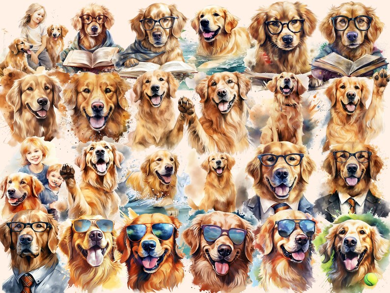 Golden Retriever Watercolor Clipart Bundle: 213 Puppy PNG Images ...