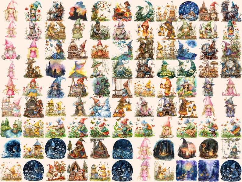 Watercolor Gnome Ladies Clipart Bundle: 526 PNG Garden Gnomes (digital ...