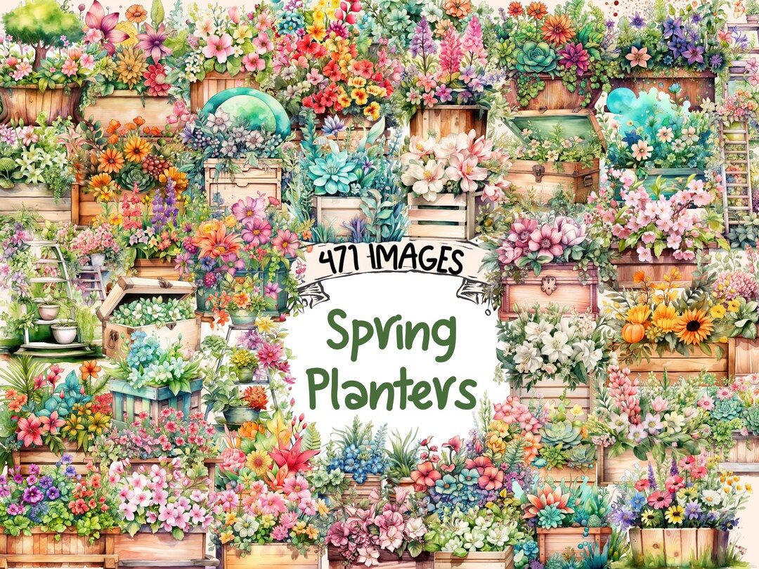 Spring Planters Watercolor Clipart Bundle - 471 PNG Flowers Planter ...
