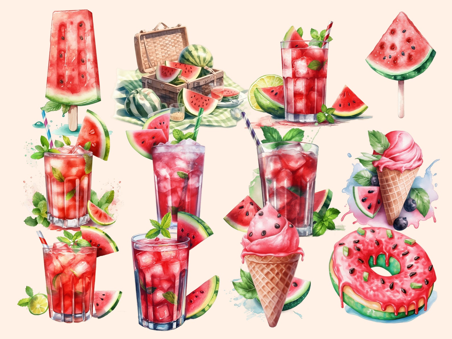 Watermelon Watercolor Clipart Bundle 53 PNG Images of Refreshing Summer ...