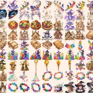 Candy Witches Watercolor Clipart Bundle - 636 PNG Sweet Witch Images ...