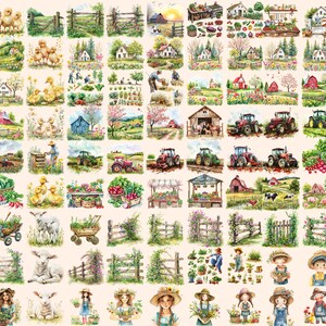 Spring Farm Watercolor Clipart Bundle: 304 Rustic PNG Images (digital ...