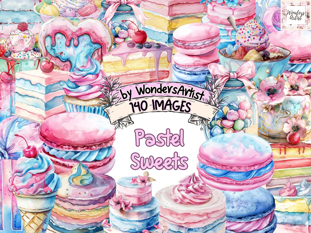 Pastel Sweets Watercolor Clipart Bundle: 140 Dessert PNG Images ...
