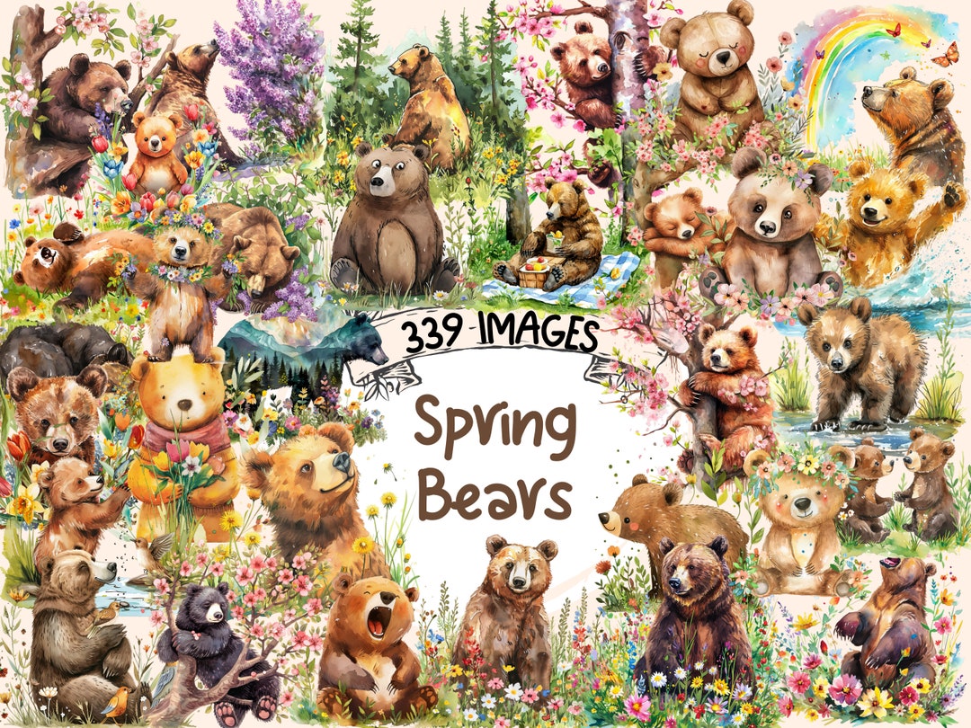 Spring Bears Watercolor Clipart Collection - 339 PNG Springtime Bear ...