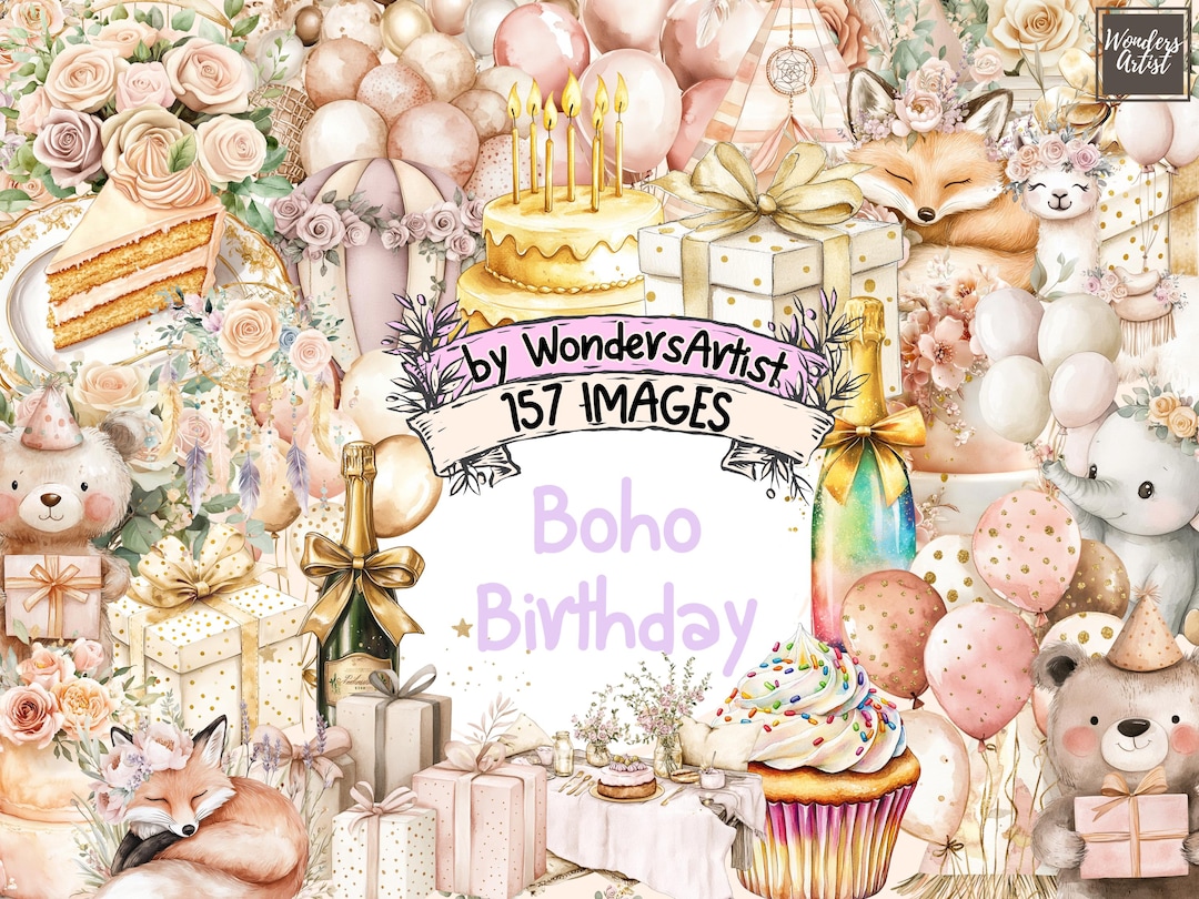 Boho Birthday Watercolor Clipart Bundle - 157 PNG Party Images ...