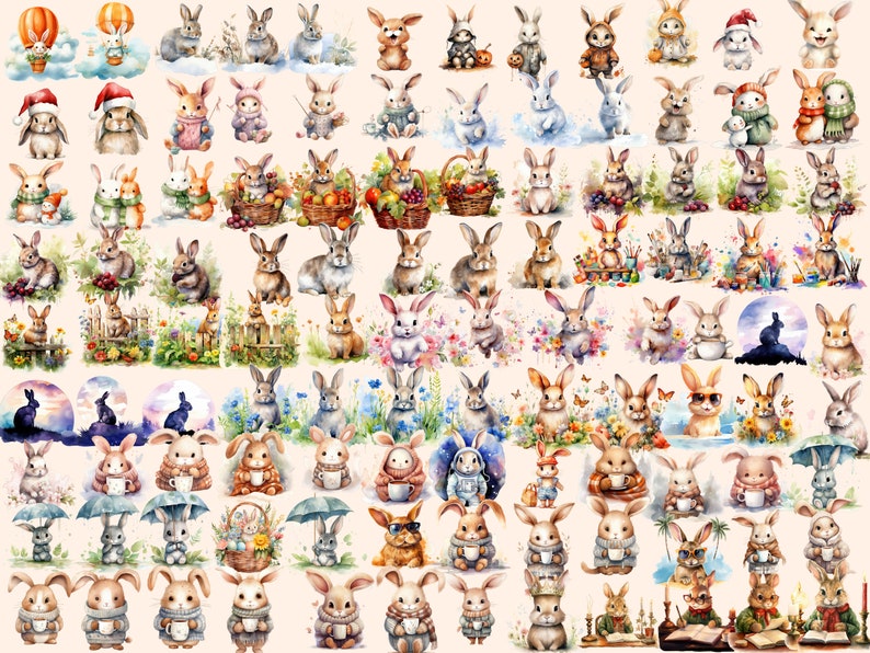 Watercolor Bunnies Clipart Bundle – 894 PNG Images, Commercial Use ...