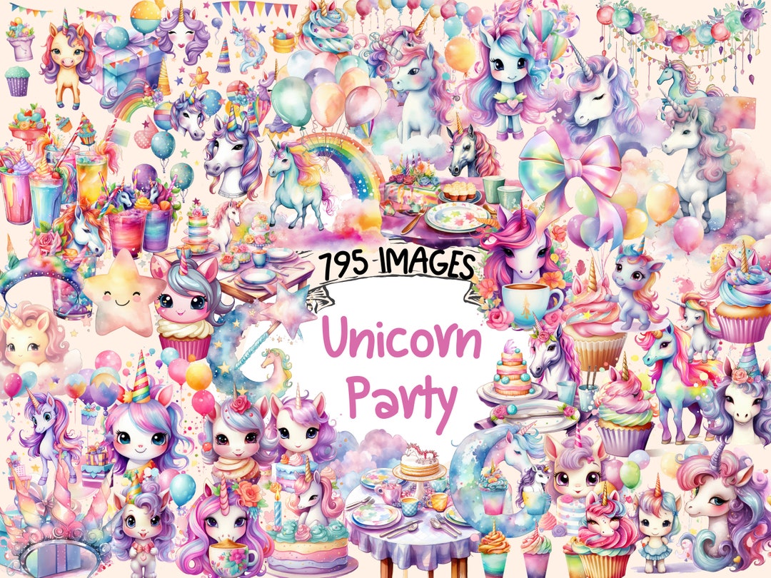 Unicorn Party Watercolor Clipart Bundle: 795 PNG Images (digital ...