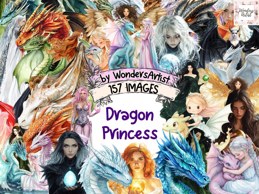 Dragon Princess Clipart Bundle: 157 Royal Fantasy Illustrations ...
