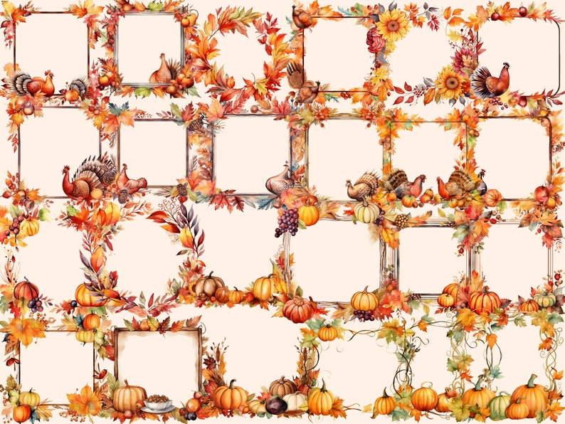 Watercolor Autumn Frames Clipart: 127 PNG Fall Floral Graphics (digital ...