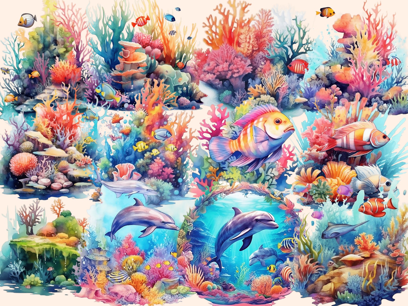 Watercolor Coral Reef Clipart Bundle: 72 Sea Reef PNG Graphics (digital ...