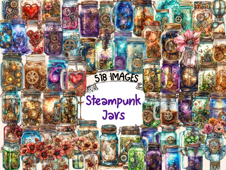 Steampunk Jars Watercolor Clipart Bundle: 518 PNG Images (digital ...