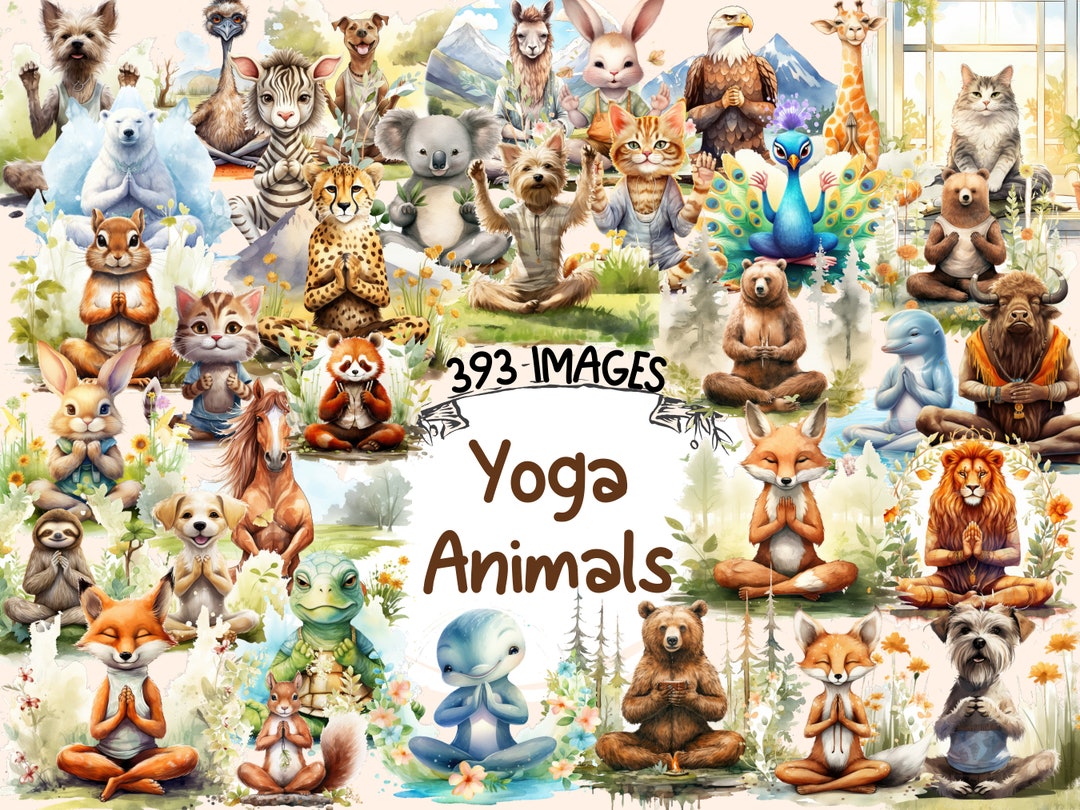 Yoga Animals Watercolor Clipart Bundle: 393 PNG Images (digital ...