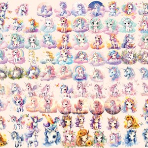 Baby Unicorns Watercolor Clipart Bundle - 585 PNG Cute Little Unicorn ...