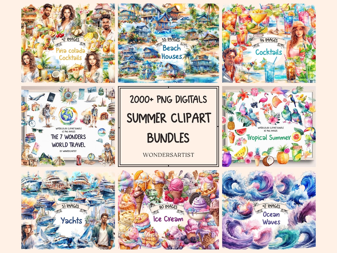 Summer Clipart Watercolor Bundles - 2000+ PNG Sunny Graphics, Vibrant ...