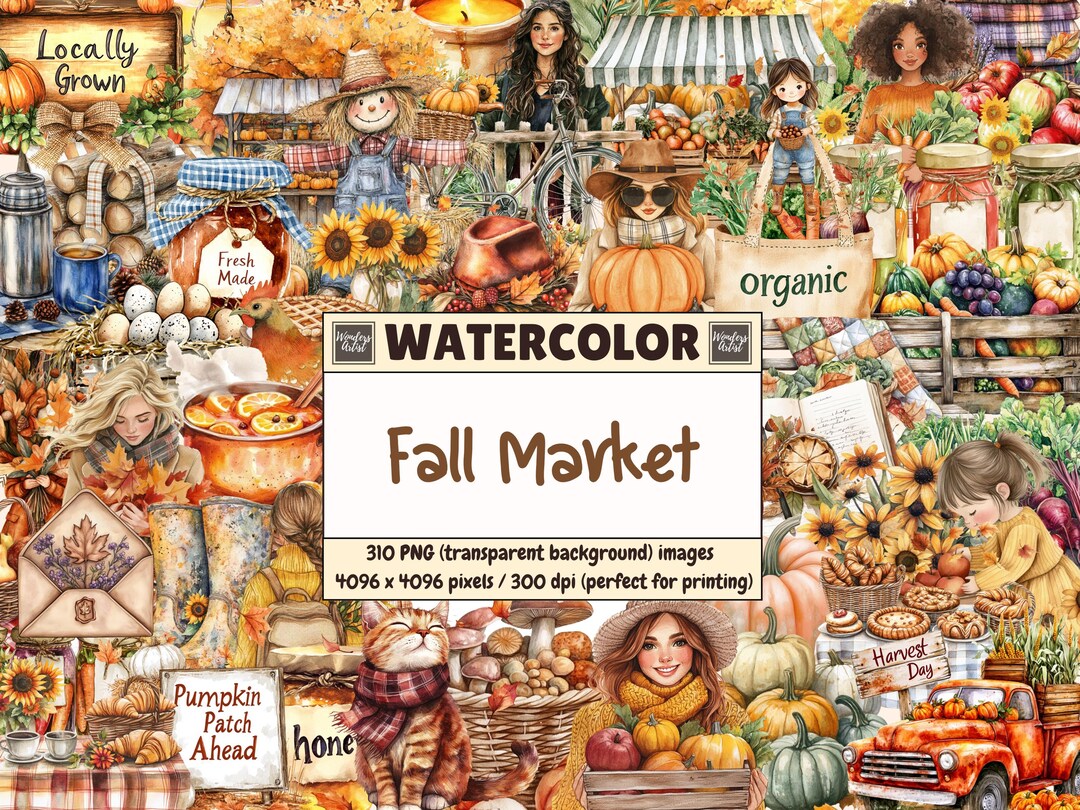 Fall Market Watercolor Clipart: Autumn Harvest Graphics (digital ...