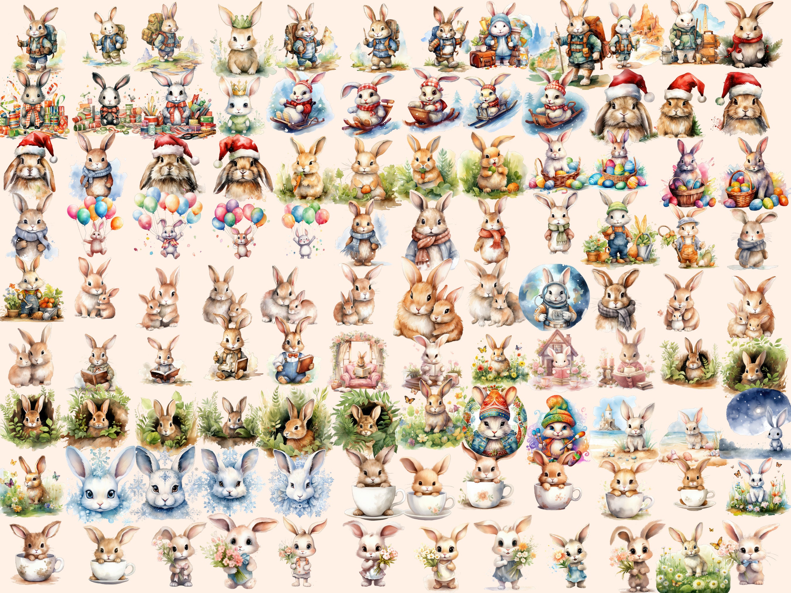 Watercolor Bunnies Clipart Bundle – 894 PNG Images, Commercial Use ...