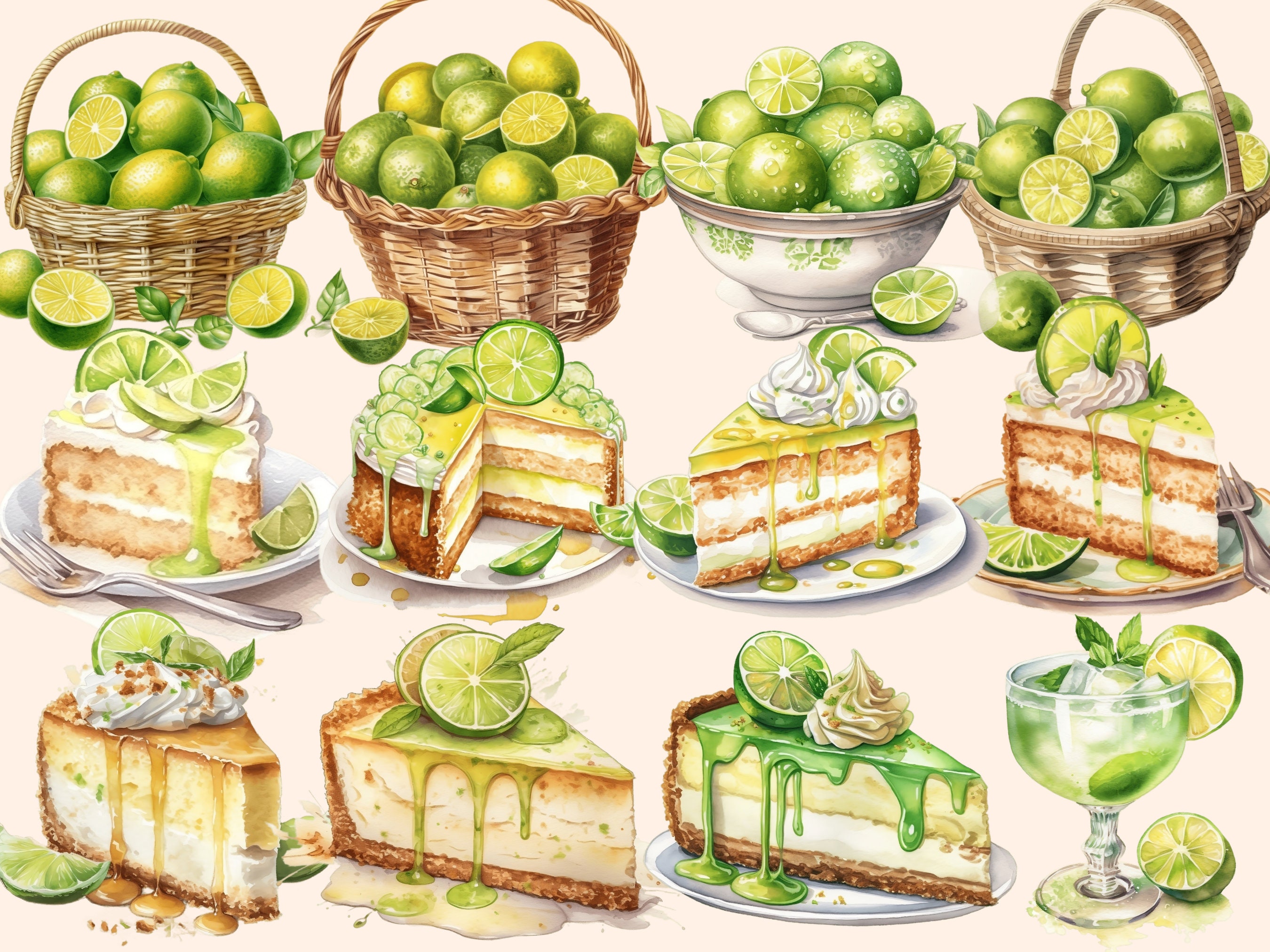 Key Lime Watercolor Clipart Bundle: 107 PNG Images (commercial Use ...