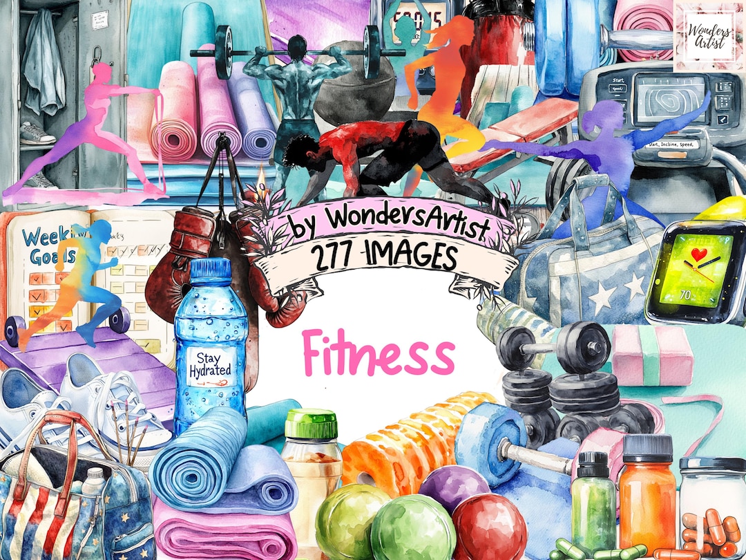 Watercolor Fitness Clipart Bundle: 277 Exercise PNG Images (commercial ...