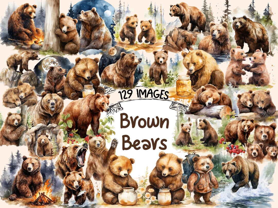 Watercolor Brown Bears Clipart Bundle: 129 PNG Forest Animal Graphics ...