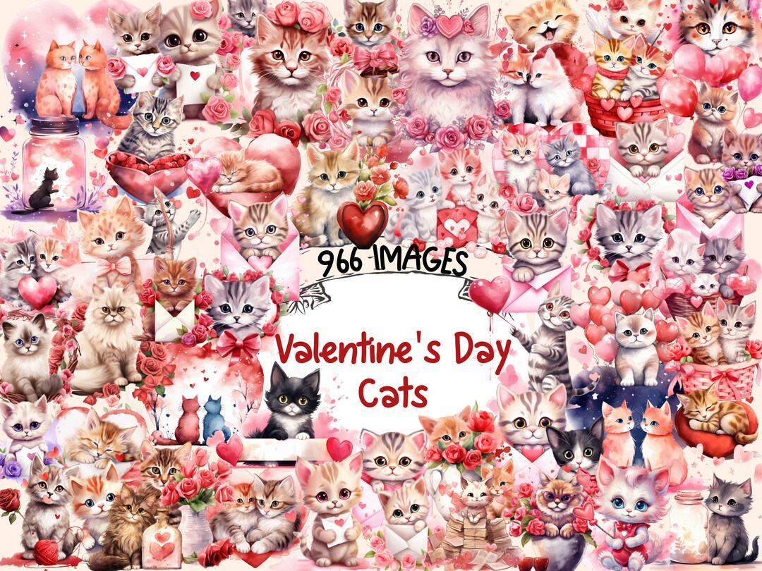 Valentine's Day Cats Watercolor Clipart: 966 PNG Images (digital ...