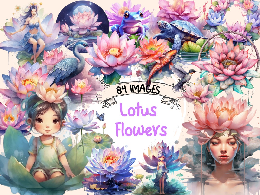 Watercolor Lotus Flower Clipart Bundle: 86 PNG Graphics (commercial Use ...