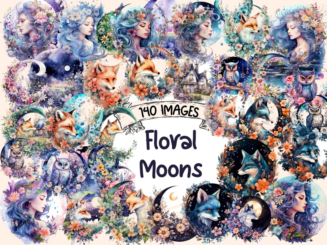 Floral Moons Watercolor Clipart Bundle: Celestial Animals (digital ...