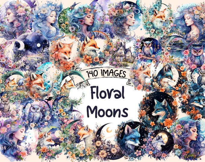 Watercolor Floral Moons Clipart Bundle, Floral Crescent Moons PNG ...