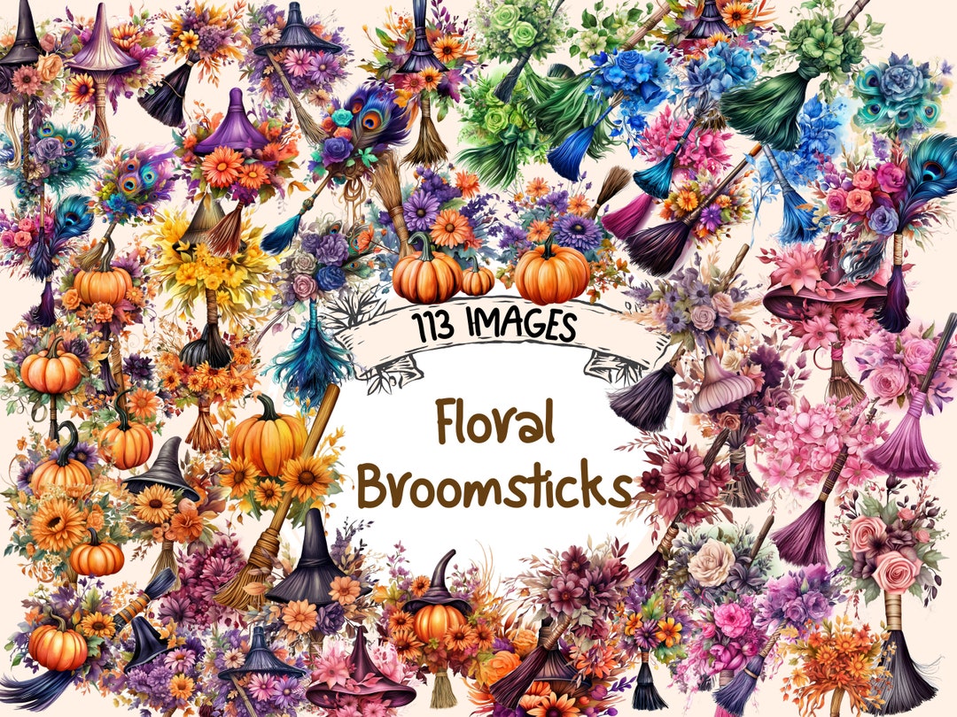 Floral Broomsticks Watercolor Clipart Bundle - 113 PNG Witch Brooms ...