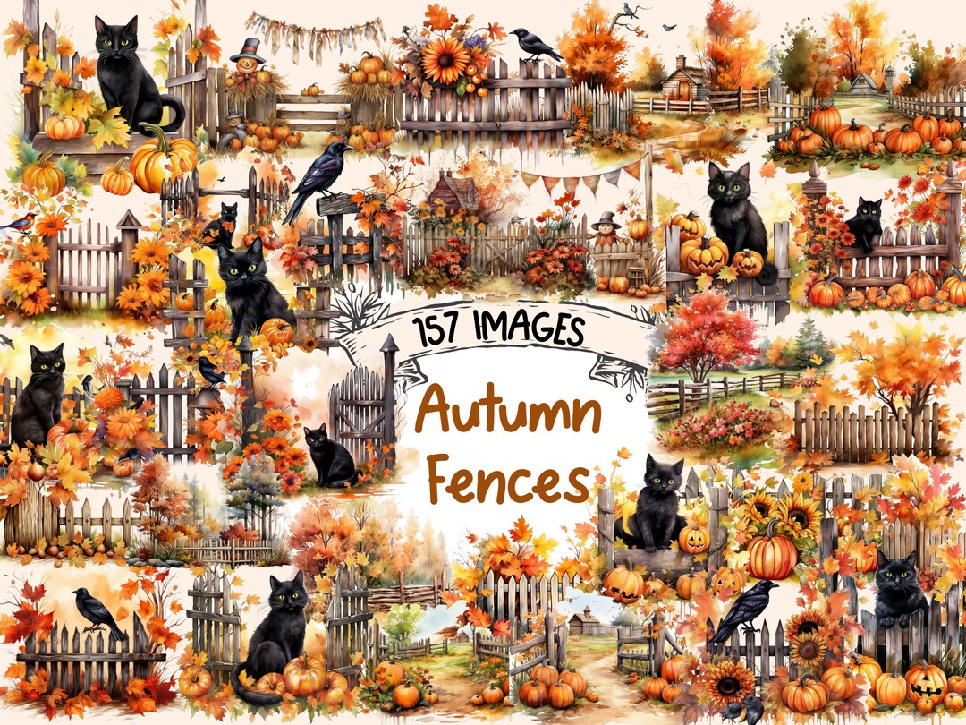 Autumn Fence Watercolor Clipart Bundle: Fall Garden Graphics (digital ...